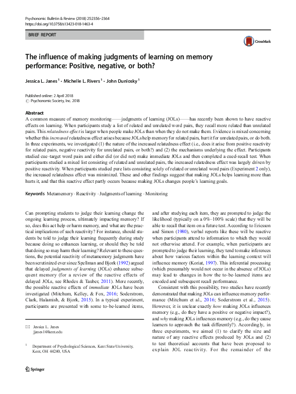 (PDF) The influence of making judgments of learning on memory performance: Positive, negative ...