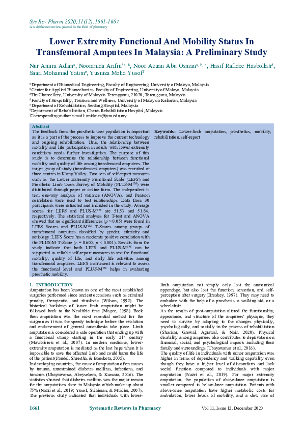 (PDF) Lower Extremity Functional And Mobility Status In Transfemoral ...
