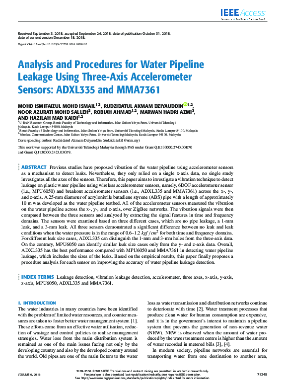 Pdf Analysis And Procedures For Water Pipeline Leakage Using Three Axis Accelerometer Sensors
