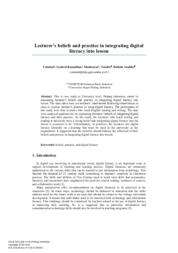 (PDF) Lecturer’s beliefs and practice in integrating digital literacy ...
