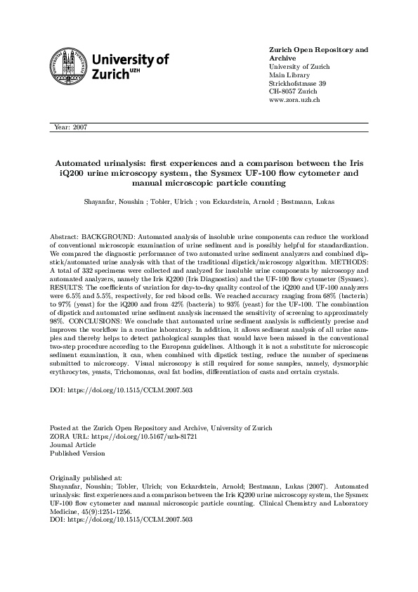 (PDF) Automated urinalysis: first experiences and a comparison between ...
