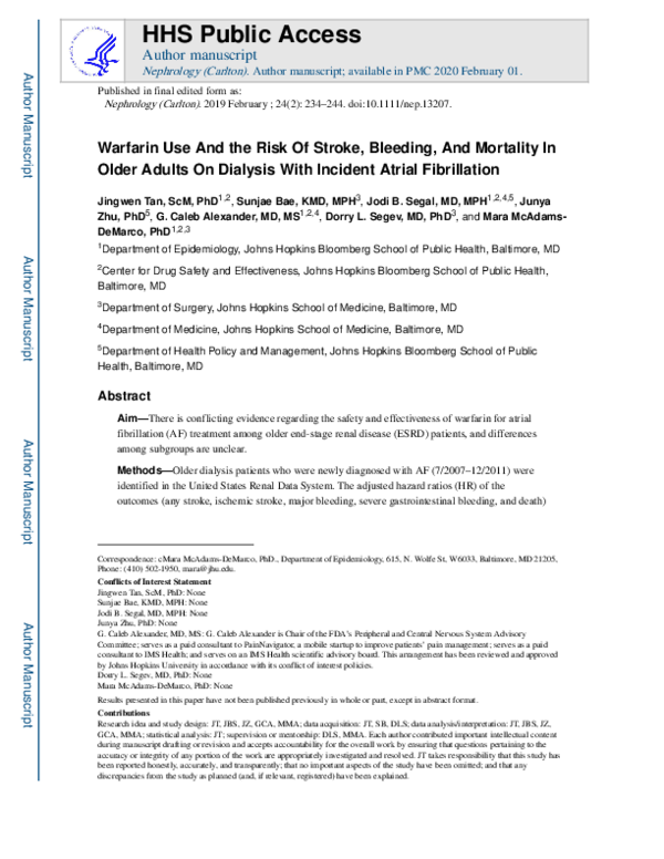 (PDF) Warfarin Use And the Risk Of Stroke, Bleeding, And Mortality In Older Adults On Dialysis ...
