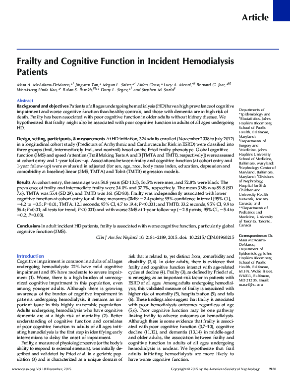 (PDF) Frailty and Cognitive Function in Incident Hemodialysis Patients
