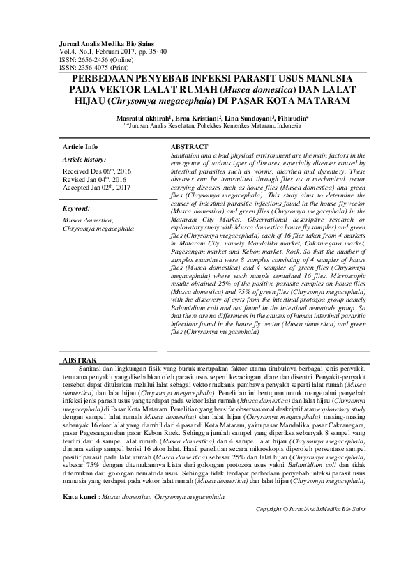 (PDF) Perbedaan Penyebab Infeksi Parasit Usus Manusia Pada Vektor Lalat ...