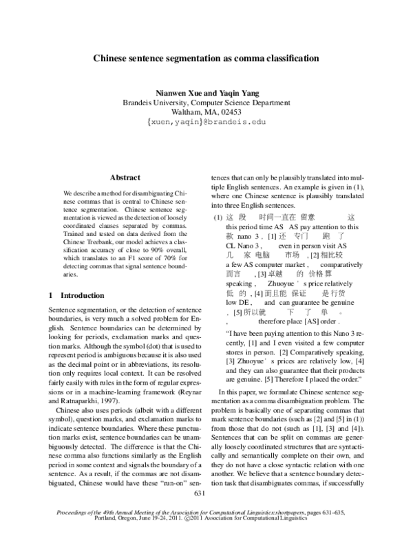 (PDF) Chinese sentence segmentation as comma classification