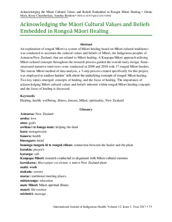 (PDF) Acknowledging the Māori cultural values and beliefs embedded in ...