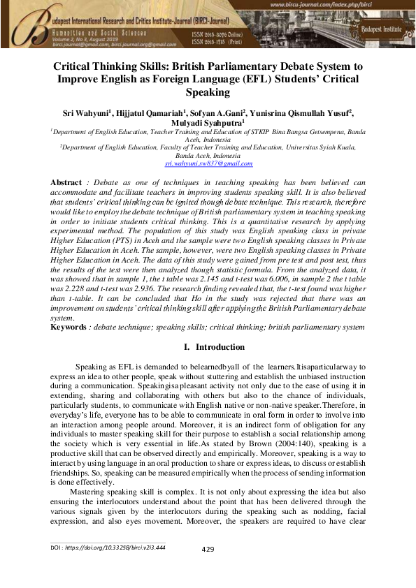 (PDF) Critical Thinking Skills: British Parliamentary Debate System to ...