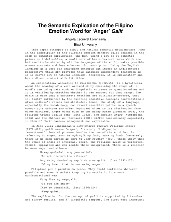 (PDF) The Semantic Explication of the Filipino Emotion Word for ‘ Anger ...