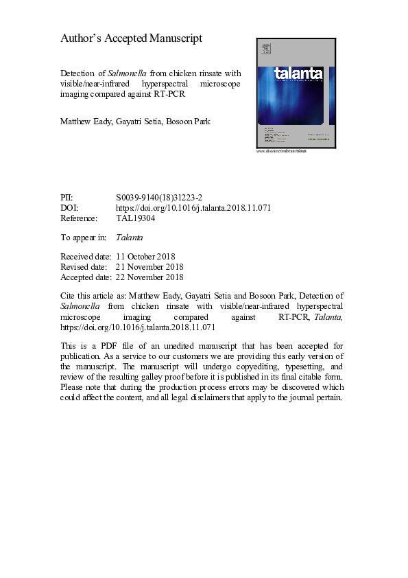 (PDF) Detection of Salmonella from chicken rinsate with visible/near ...