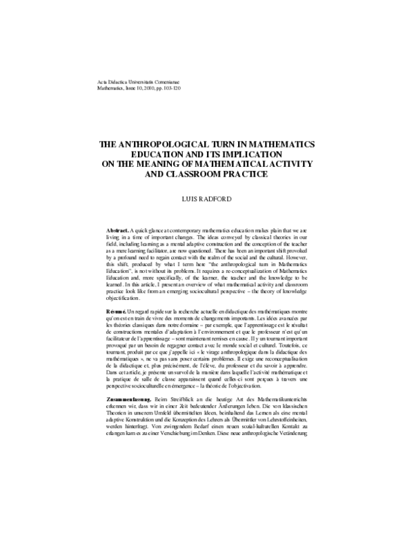 (PDF) The Anthropological Turn in Mathematics Education and Its ...