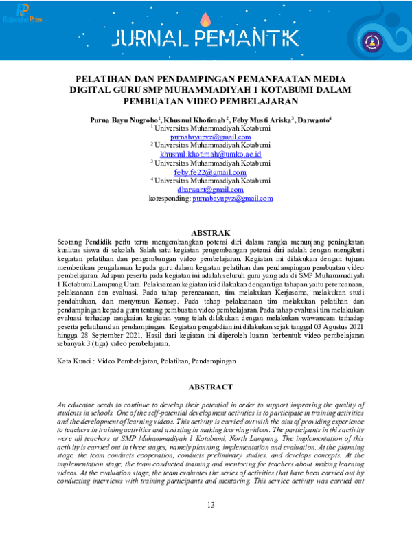(PDF) Pelatihan Dan Pendampingan Pemanfaatan Media Digital Guru SMP Muhammadiyah 1 Kotabumi ...