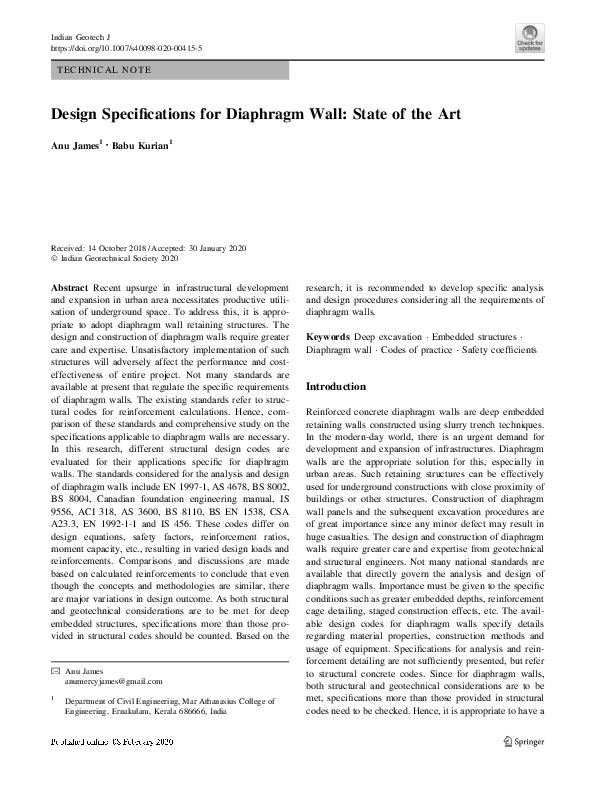 (PDF) Design Specifications for Diaphragm Wall: State of the Art