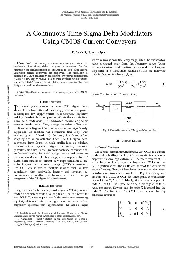 (PDF) A Continuous Time Sigma Delta Modulators Using Cmos Current Conveyors