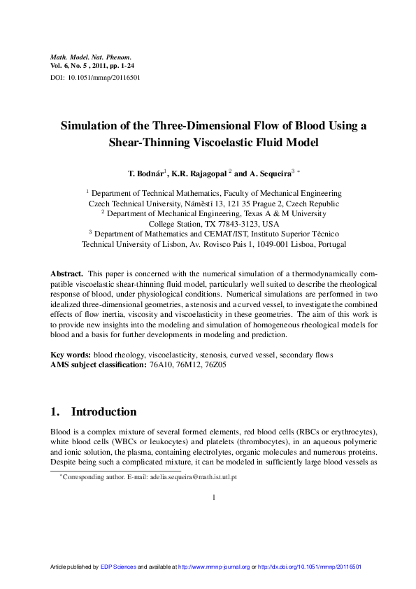 (PDF) Simulation of the Three-Dimensional Flow of Blood Using a Shear-Thinning Viscoelastic ...