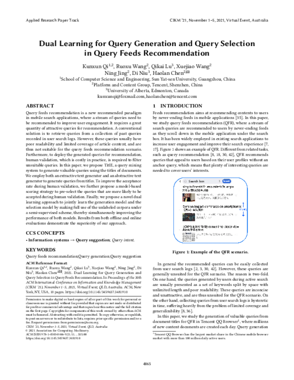 (PDF) Dual Learning for Query Generation and Query Selection in Query Feeds Recommendation