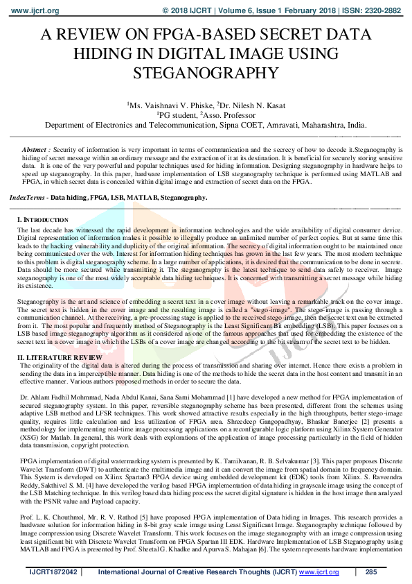 A Review On Fpga Based Secret Data Hiding In Digital Image Using Steganography