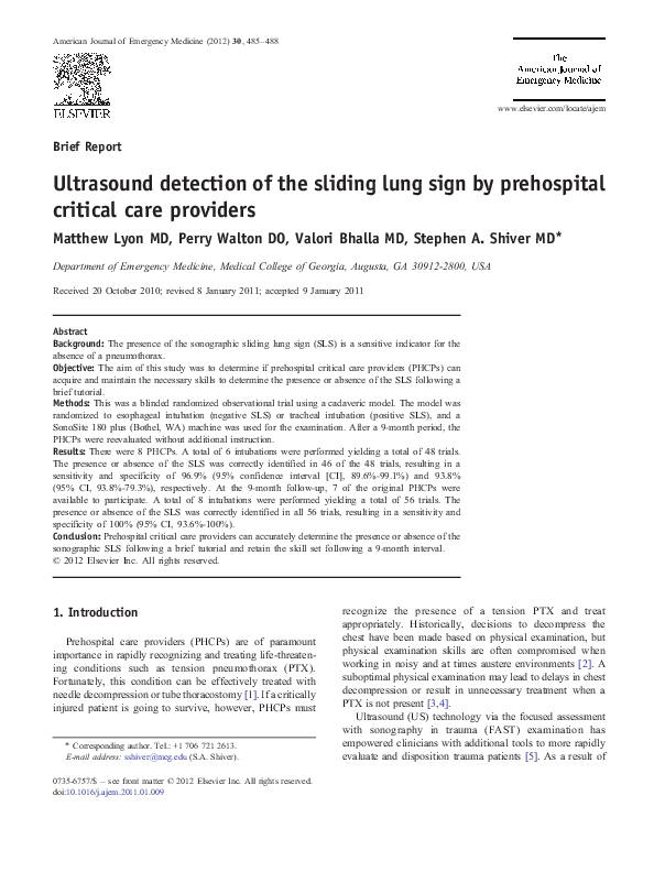 (PDF) Ultrasound detection of the sliding lung sign by prehospital ...