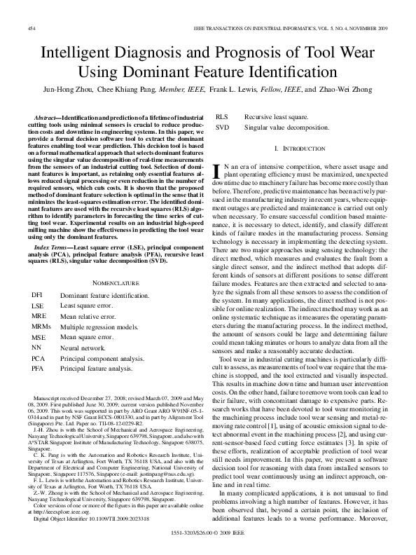 (PDF) Intelligent Diagnosis and Prognosis of Tool Wear Using Dominant ...