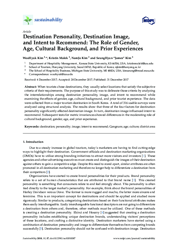(PDF) Destination Personality, Destination Image, and Intent to ...