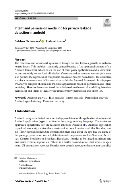 Pdf Intent And Permission Modeling For Privacy Leakage Detection In Android