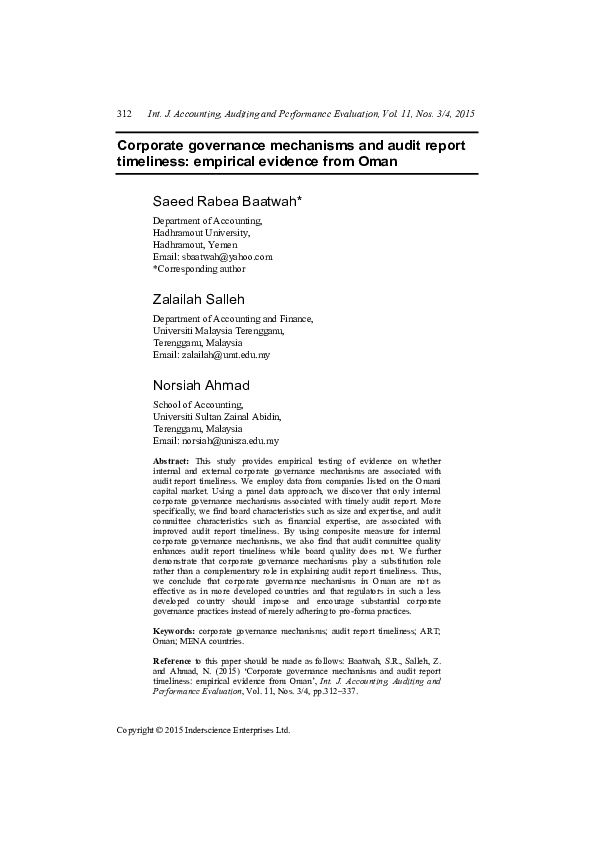 (PDF) Corporate governance mechanisms and audit report timeliness: empirical evidence from Oman