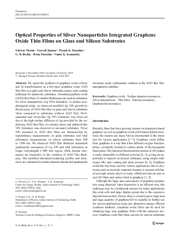 (PDF) Optical Properties of Silver Nanoparticles Integrated Graphene Oxide Thin Films on Glass ...