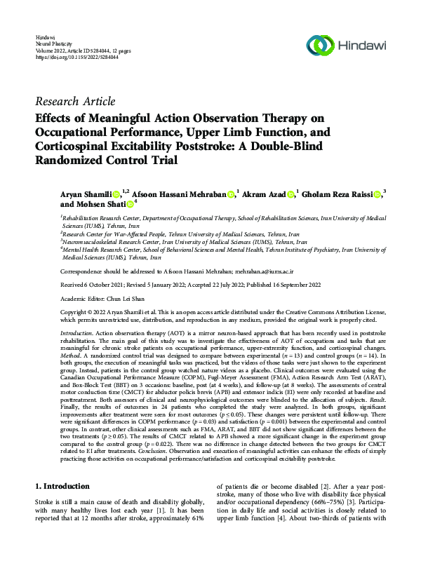 (PDF) Effects of Meaningful Action Observation Therapy on Occupational ...
