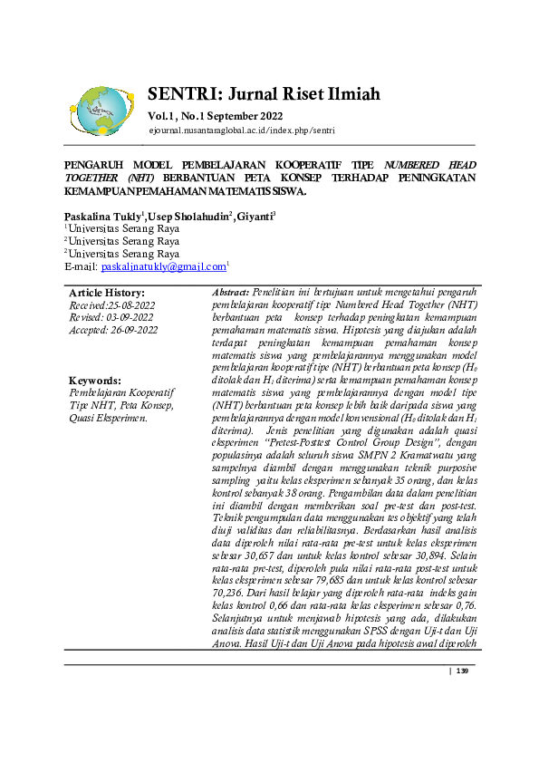 (PDF) Pengaruh Model Pembelajaran Kooperatif Tipe Numbered Head Together (NHT) Berbantuan Peta ...