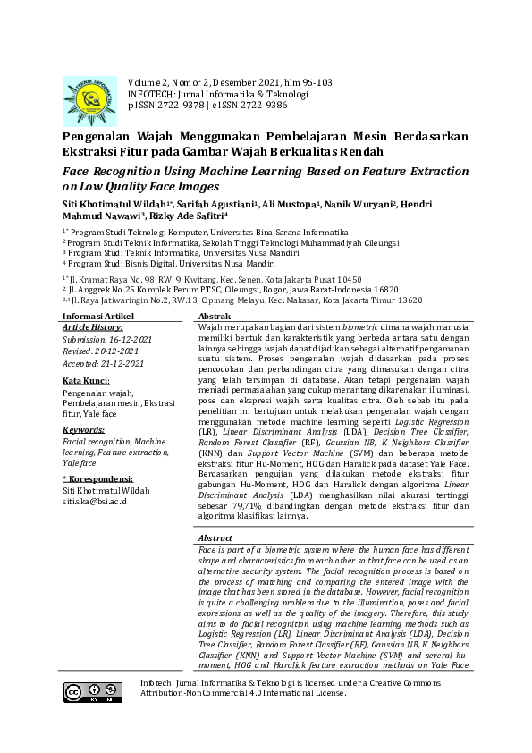 (PDF) Face Recognition Using Machine Learning Based on Feature Extraction on Low Quality Face Images
