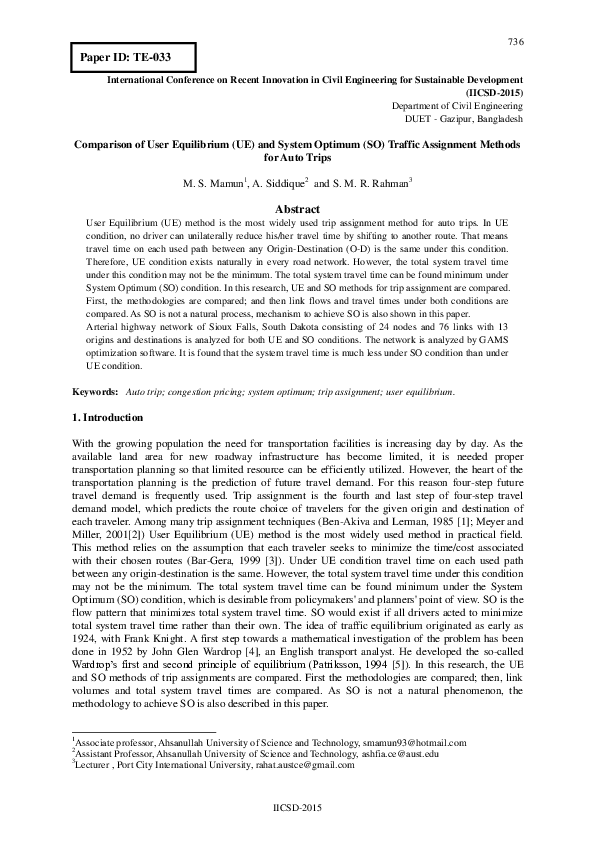 Pdf Comparing Ue And So Traffic Assignment Methods