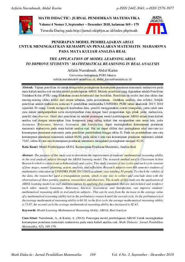 (PDF) Penerapan model pembelajaran ARIAS untuk meningkatkan kemampuan penalaran matematis ...