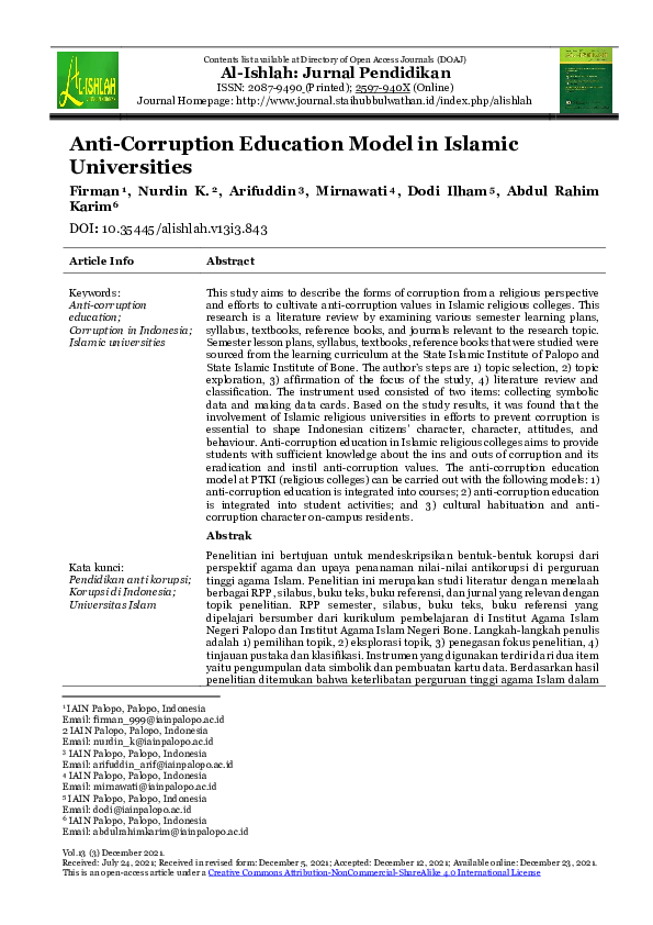(PDF) Anti-Corruption Education Model in Islamic Universities