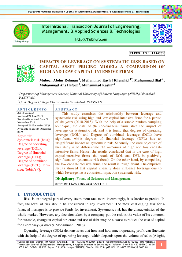 (PDF) Impacts of Leverage on Systematic Risk Based on Capital Asset ...