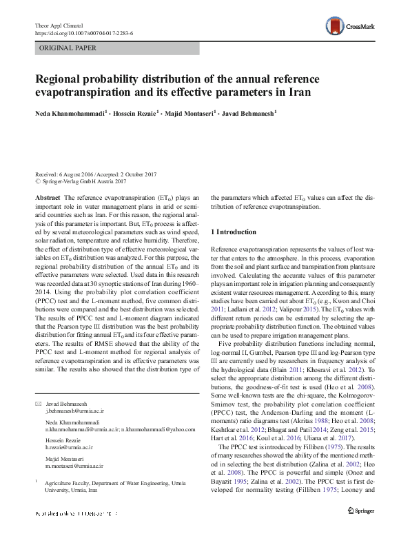 (PDF) Regional probability distribution of the annual reference evapotranspiration and its ...