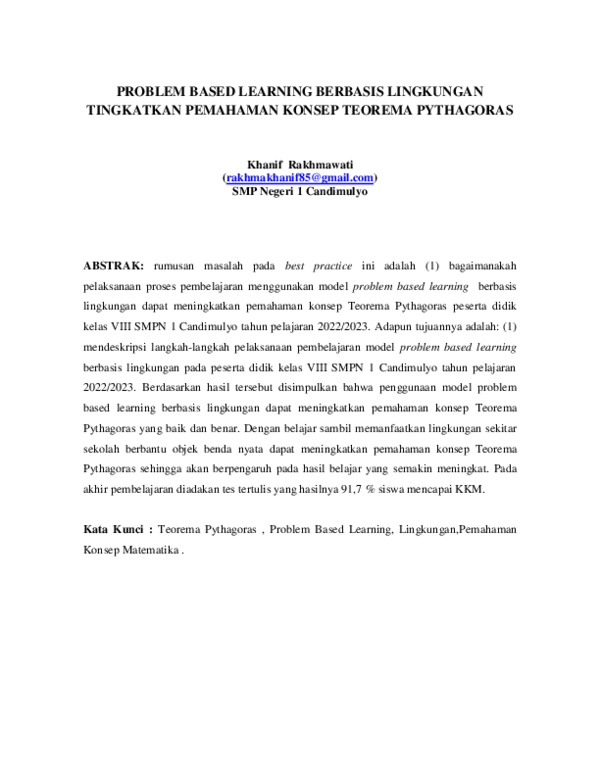 (PDF) PROBLEM BASED LEARNING BERBASIS LINGKUNGAN TINGKATKAN PEMAHAMAN KONSEP TEOREMA PYTHAGORAS