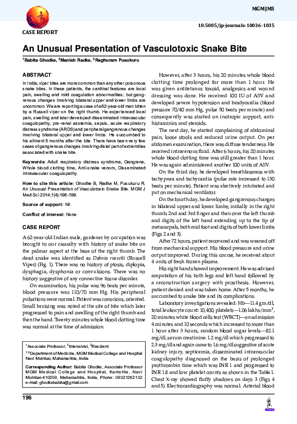 (PDF) An Unusual Presentation of Vasculotoxic Snake Bite | Babita Ghodke - Academia.edu