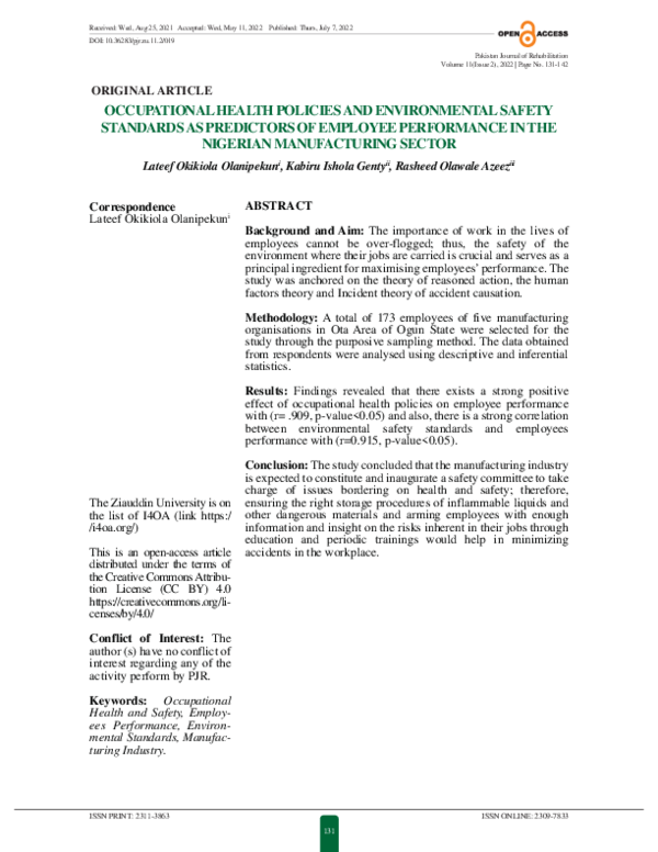 (PDF) OCCUPATIONAL HEALTH POLICIES AND ENVIRONMENTAL SAFETY STANDARDS AS PREDICTORS OF EMPLOYEE ...