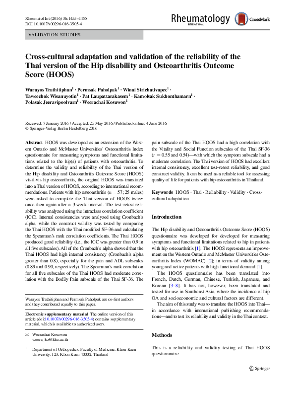 Pdf Cross Cultural Adaptation And Validation Of The Reliability Of The Thai Version Of The Hip