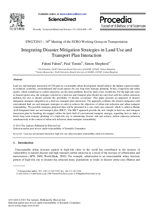 (PDF) Integrating Disaster Mitigation Strategies in Land Use and Transport Plan Interaction
