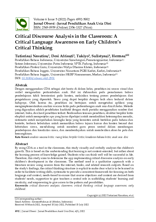 (PDF) Critical Discourse Analysis in the Classroom: A Critical Language Awareness on Early ...