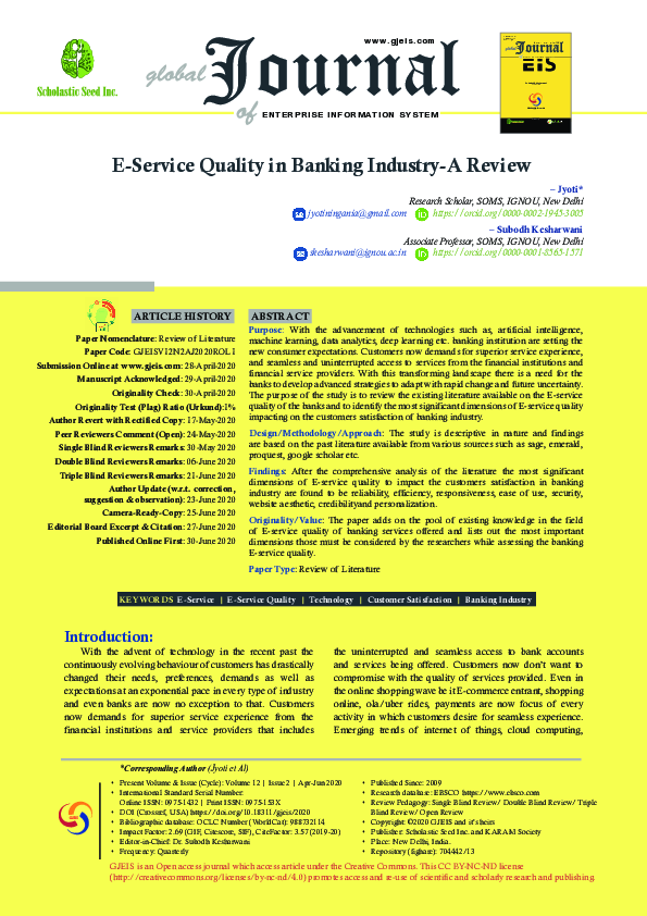 (PDF) E-Service Quality in Banking Industry-A Review