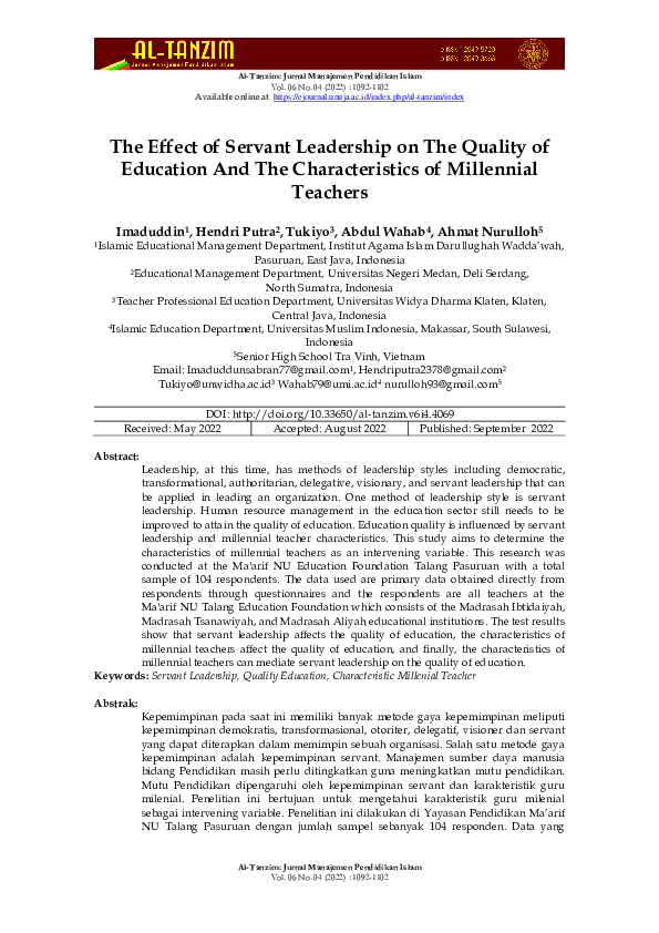 (PDF) The Effect of Servant Leadership on the Quality of Education Through the Characteristics ...