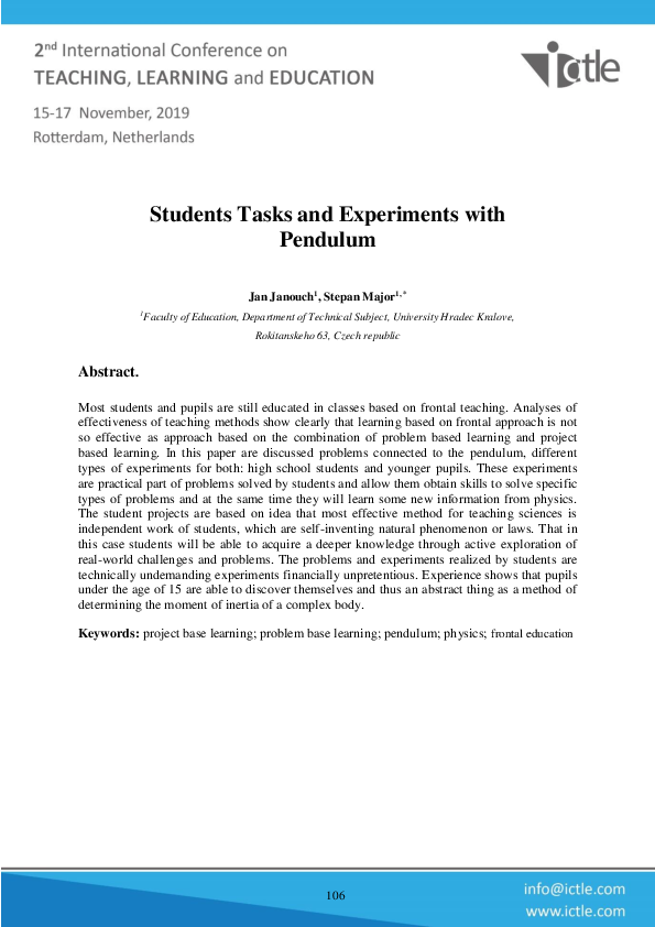 (PDF) Students Tasks and Experiments with Pendulum