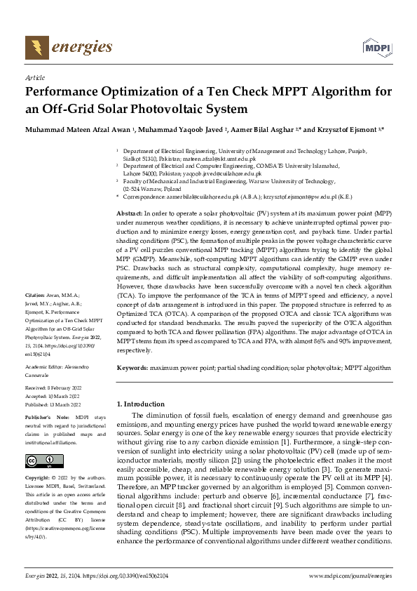 Pdf Performance Optimization Of A Ten Check Mppt Algorithm For An Off