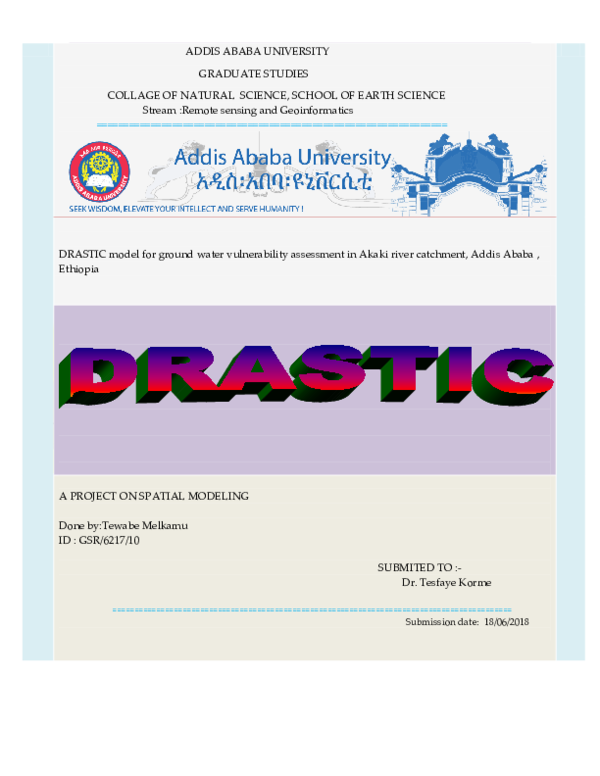 (PDF) DRASTIC model for ground water vulnerability assessment in Akaki ...