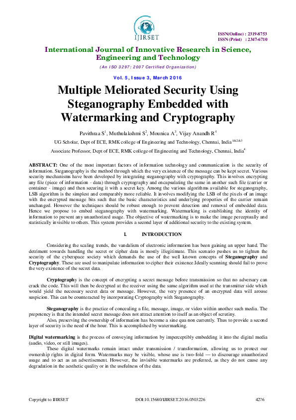 (PDF) Multiple Meliorated Security Using Steganography Embedded with Watermarking and Cryptography