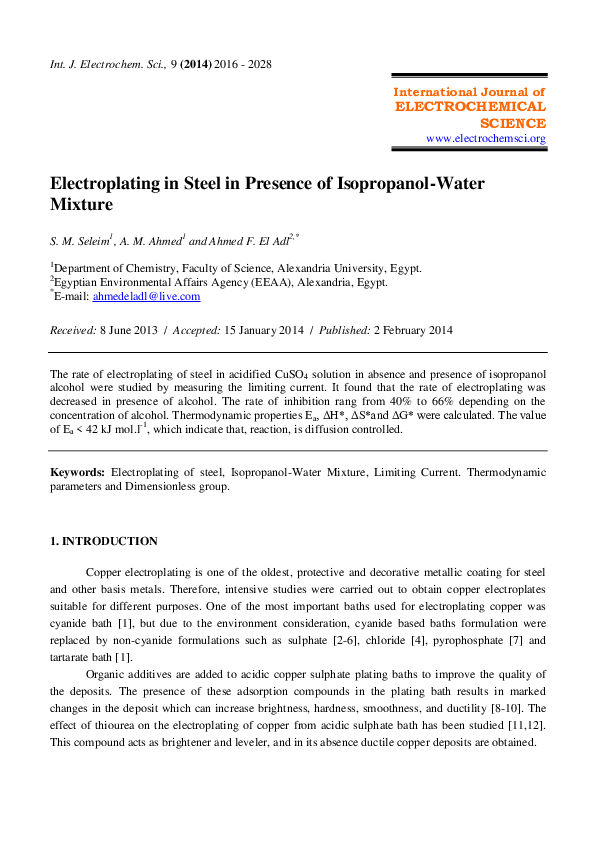 (PDF) Electroplating in Steel in Presence of Isopropanol-Water Mixture