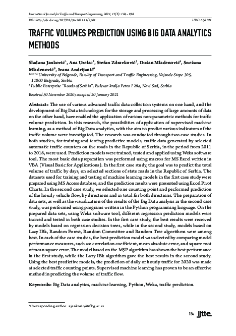 (PDF) Traffic Volumes Prediction Using Big Data Analytics Methods