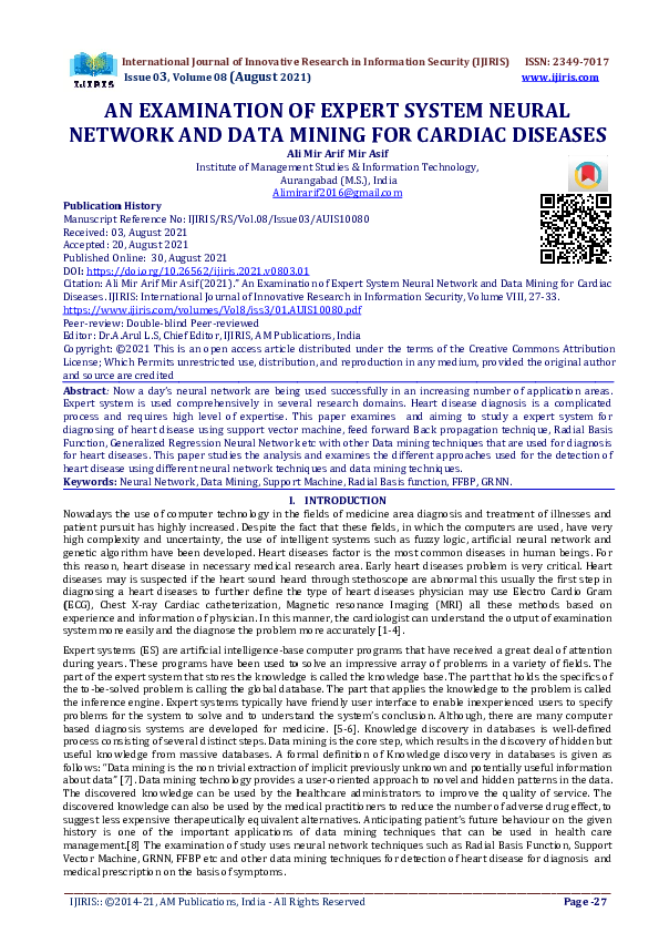(PDF) AN EXAMINATION OF EXPERT SYSTEM NEURAL NETWORK AND DATA MINING FOR CARDIAC DISEASES
