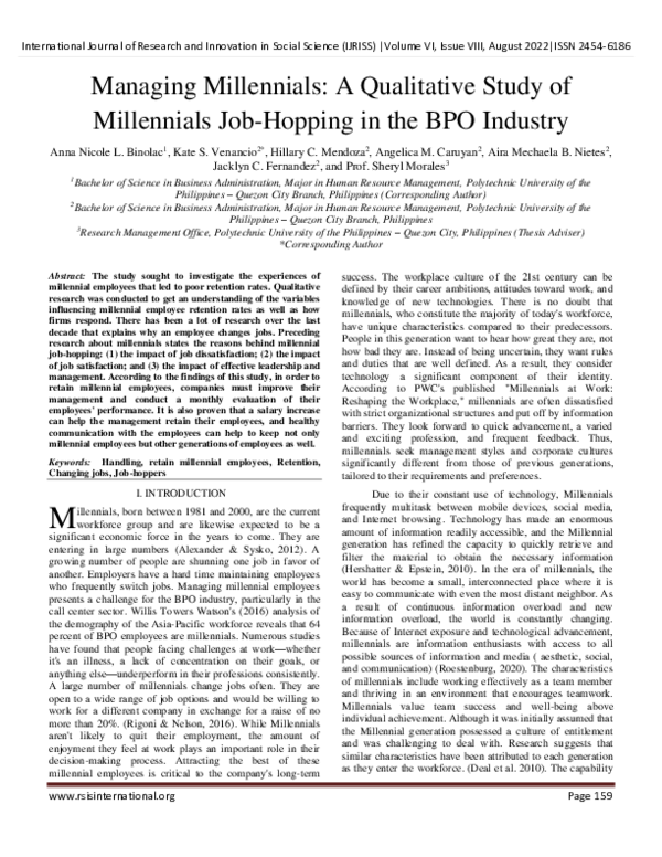 (PDF) Managing Millennials: A Qualitative Study of Millennials Job-Hopping in the BPO Industry